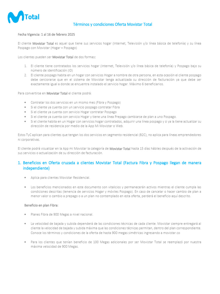 TyC Oferta Movistar Total Fibra + Pospago 1 Al 16 Febrero 2025 | PDF | Smartphone | 3 G