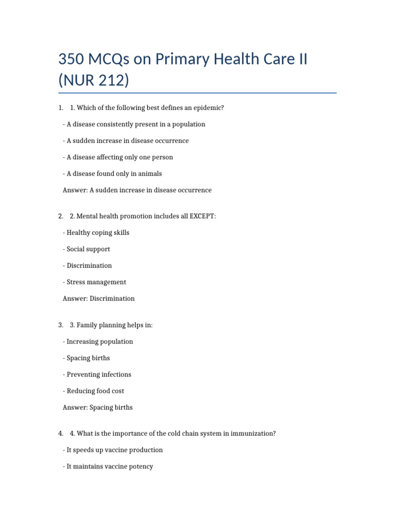 Primary Health Care II 350 MCQs | PDF | Mental Health | Vaccines