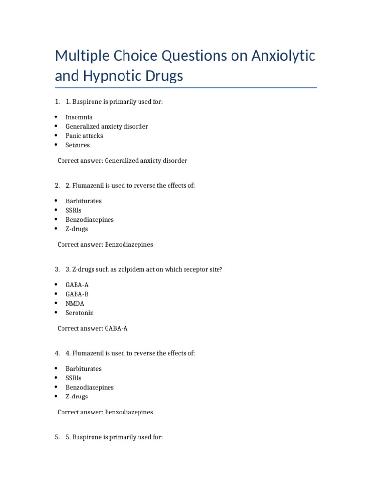 Anxiolytic Drugs: Key Concepts Quiz | PDF | Benzodiazepine ...