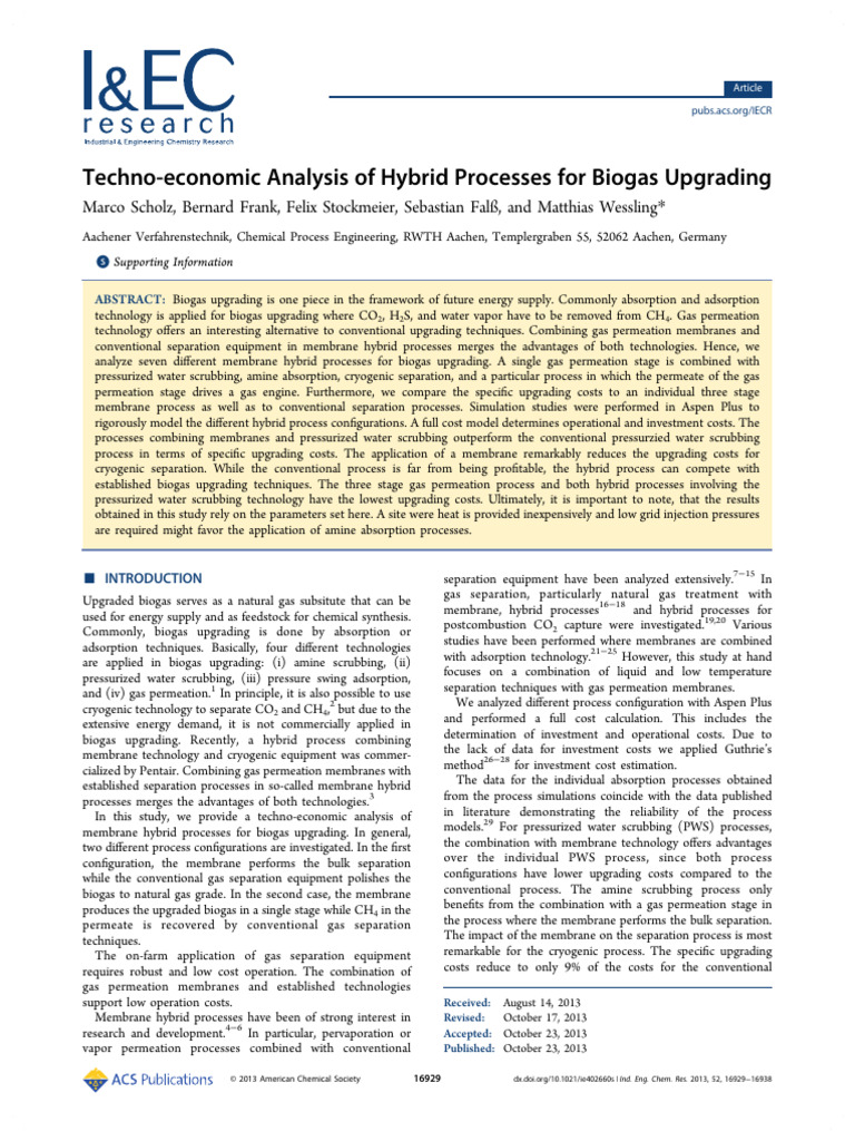 Techno-Economic Analysis of Hybrid Processes For Biogas Upgrading | PDF ...