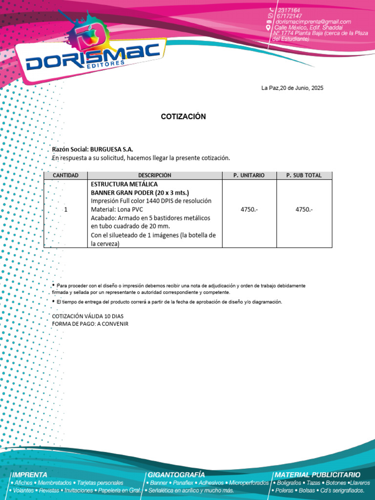 Cot Estructura Lona Burguesa 20x3 | PDF