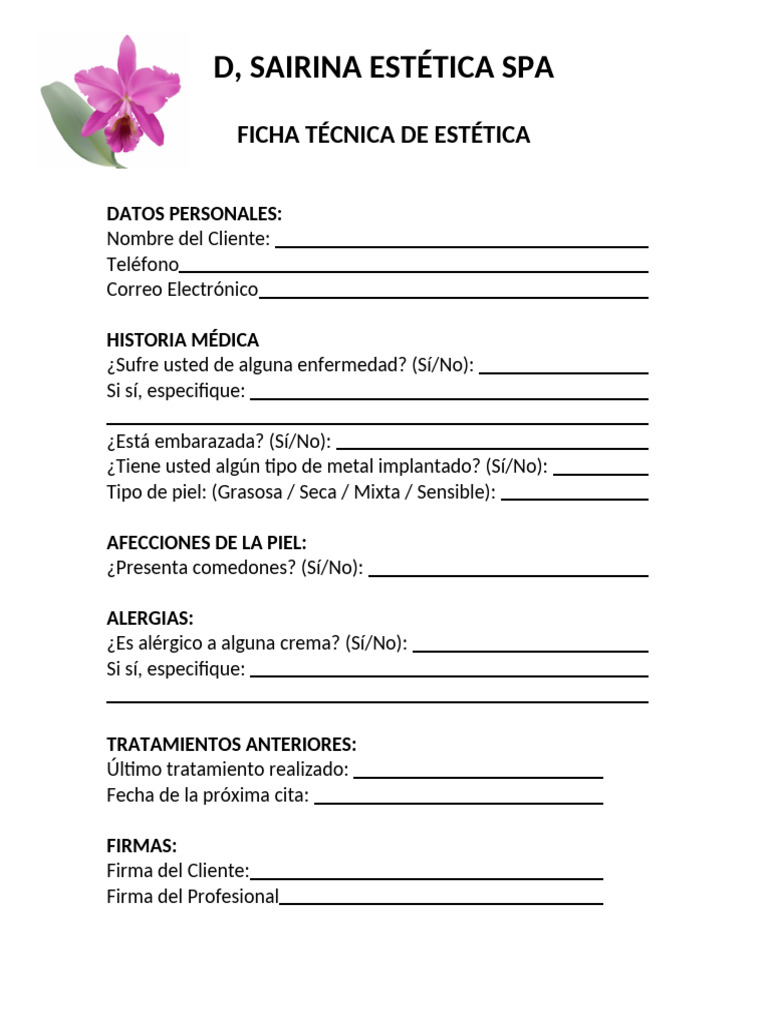 Ficha Técnica de Estética - Sairina | PDF
