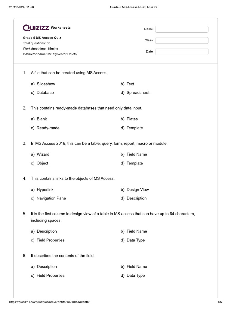 Grade 5 MS Access Quiz - Quizizz | PDF | Microsoft Access | Data Type