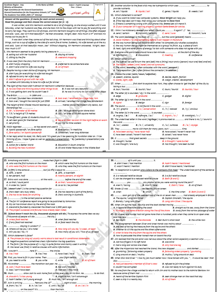 12th Grade English Exam Questions | PDF | Verb | Treasure Island