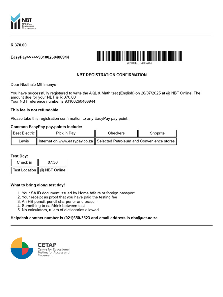 Nbtests - Uct.ac - Za Tests Register Print 3022763 Nkuthalo | PDF