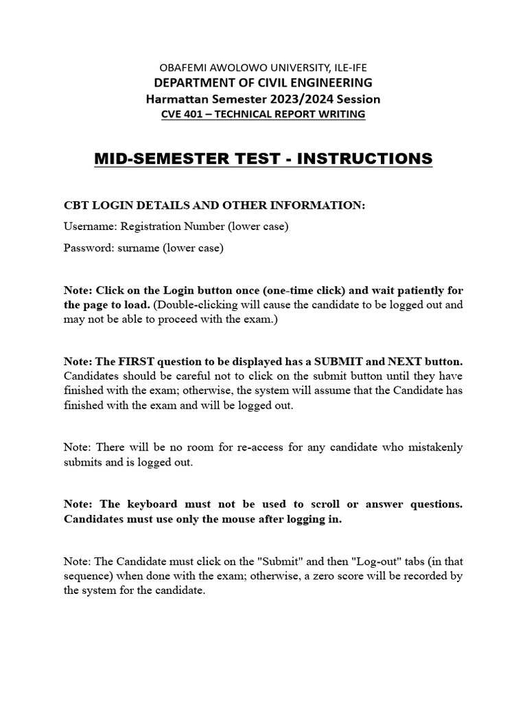 CVE 401 Mid-Semester Test Instructions | PDF
