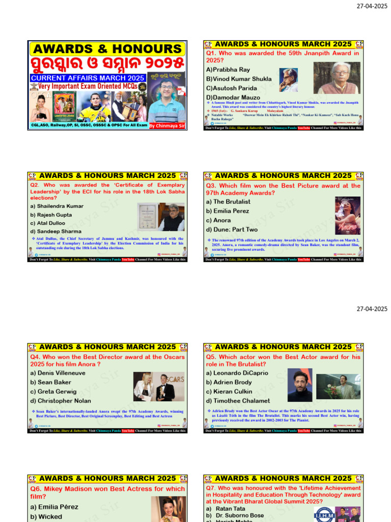 Awards & Honours March 2025 by Chinmaya Sir | PDF | Narendra Modi
