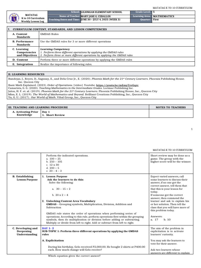 DLL Matatag - Mathematics 5 q1 w3 | PDF | Bracket | Curriculum