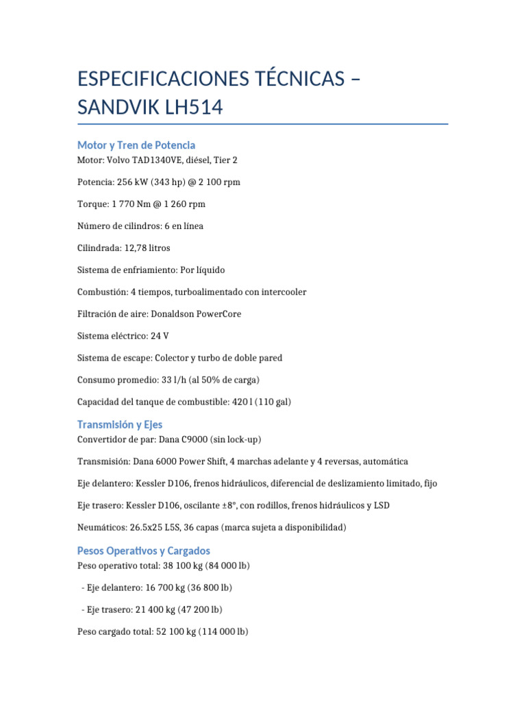 Especificaciones Sandvik LH514 | PDF | Eje | Turbocompresor