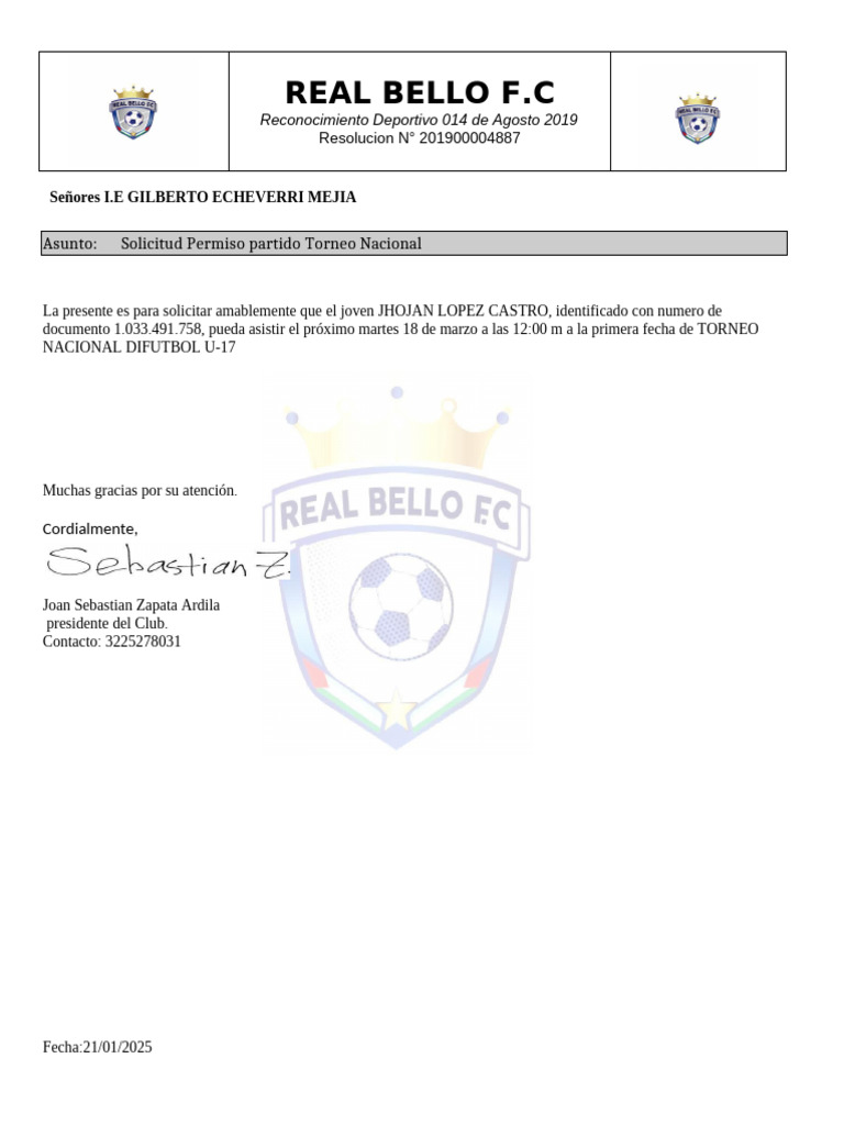 Boseto Carta 2025 Permisos Torneo Nacional | PDF