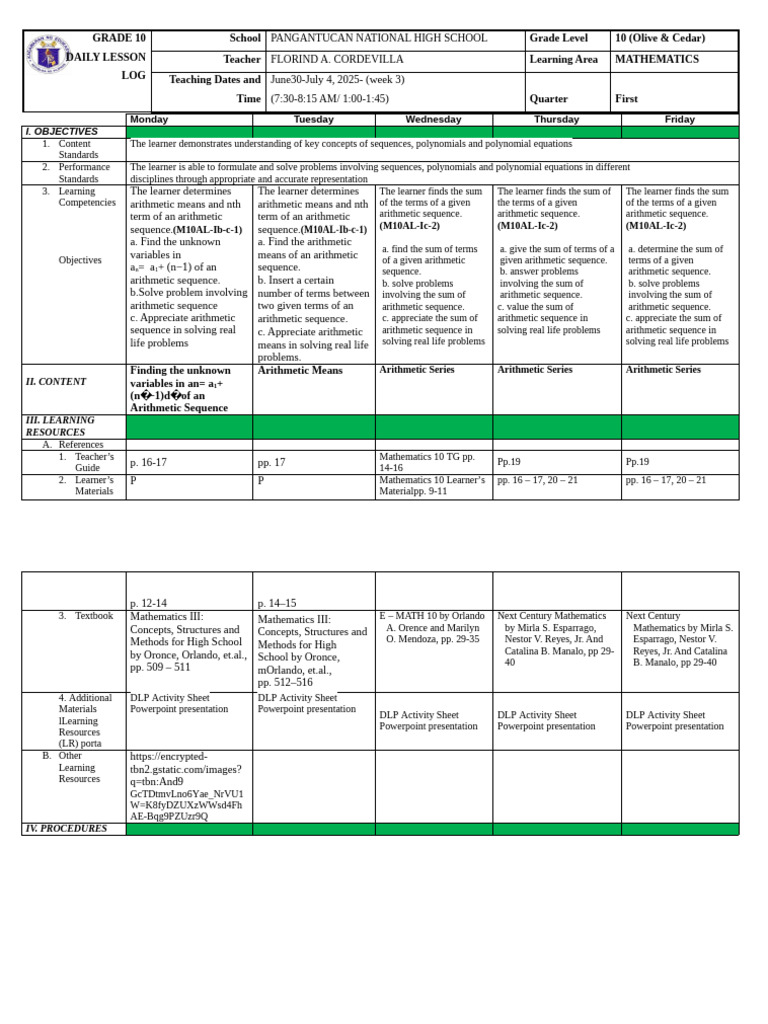 DLL WEEK 3 1ST QUARTER Final | PDF | Arithmetic | Polynomial