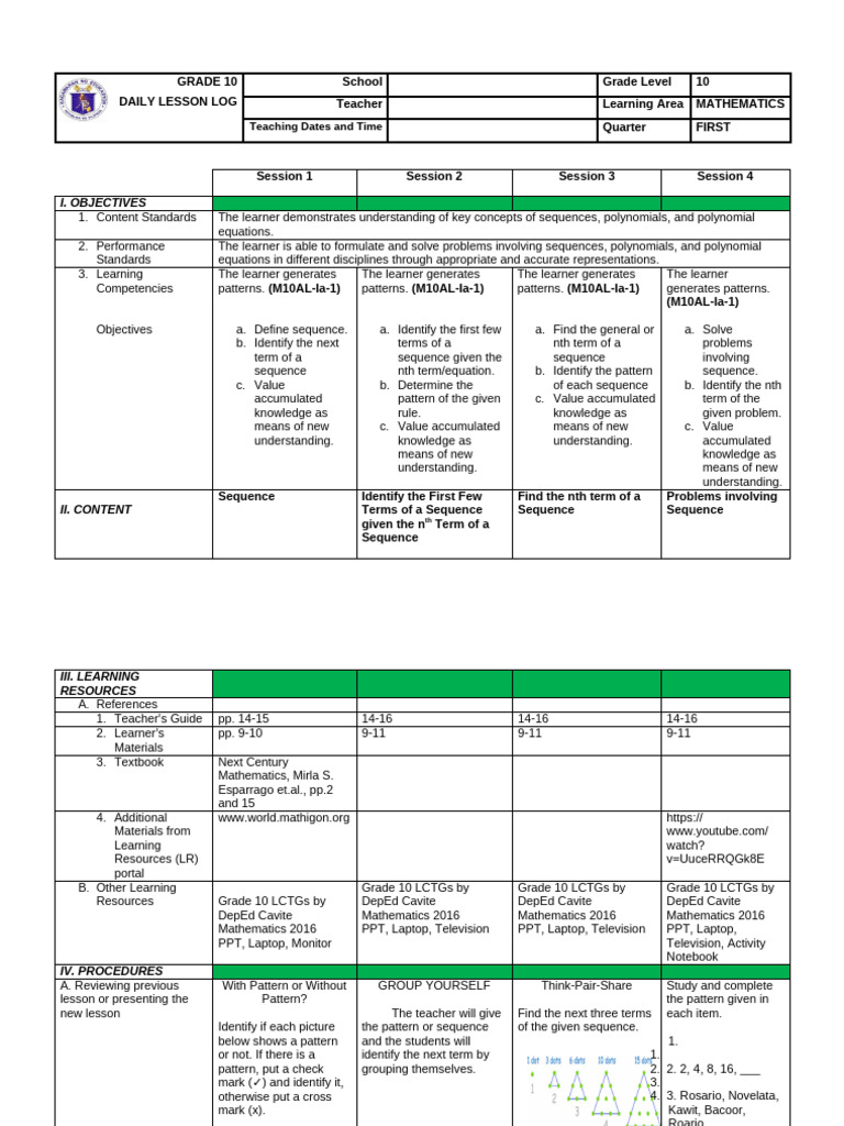 Weekly Math 10 Lesson Plans | PDF | Learning | Sequence