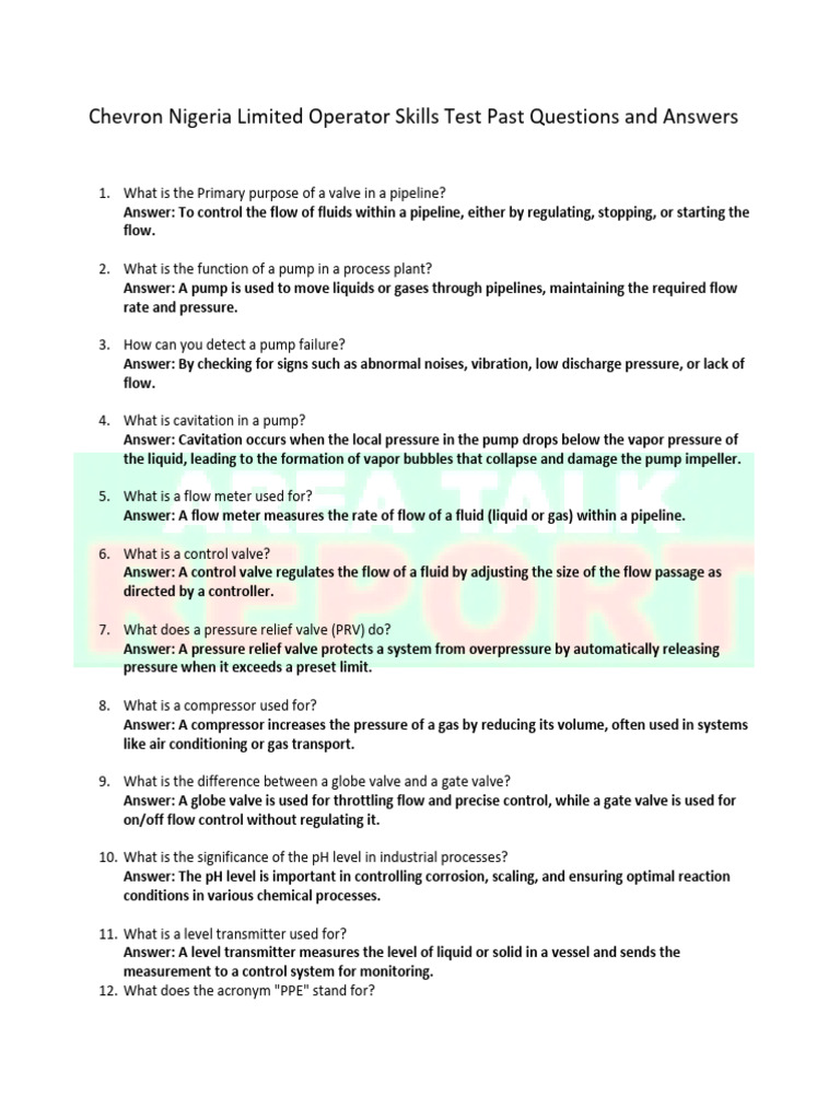 Chevron Nigeria Limited Operator Skills Test Past Questions and Answers ...
