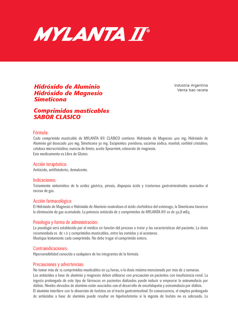 Prospecto de Mylanta II: Dosis y Usos | PDF | Tableta (Farmacia) | Acidez