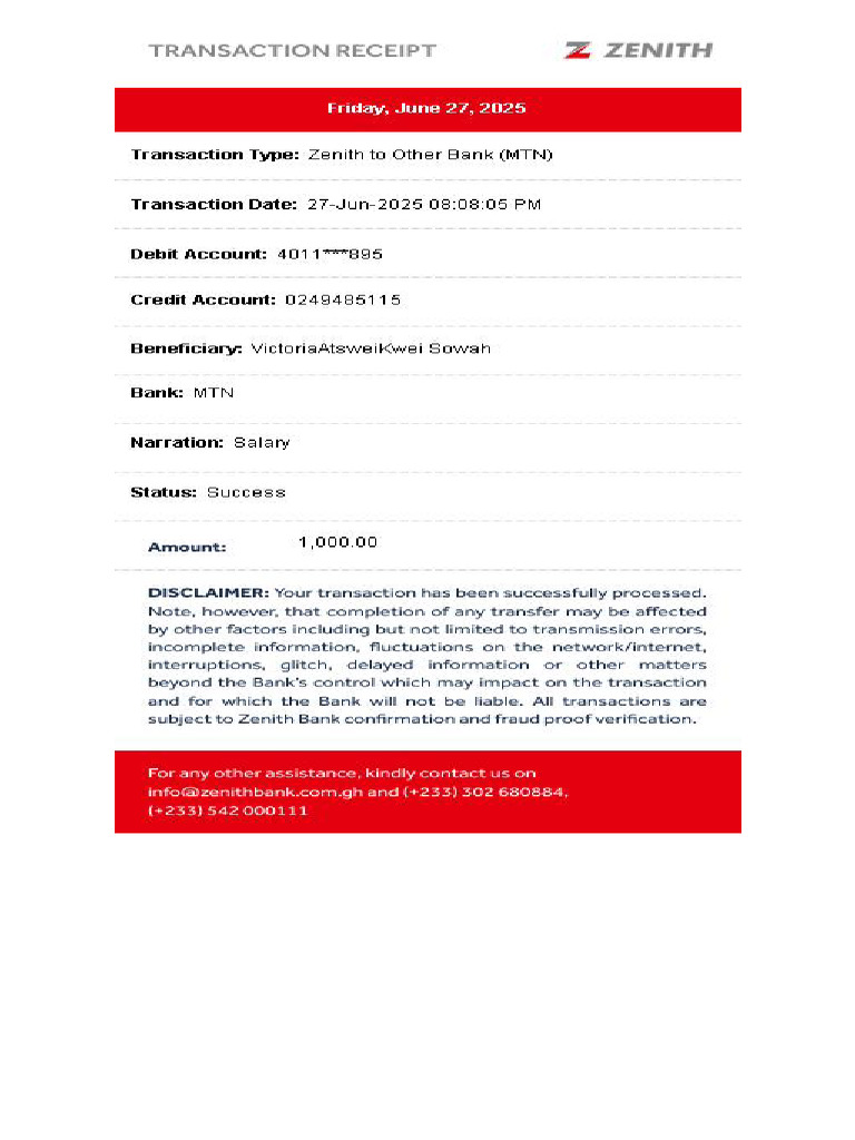 Zenith Ghana Bank Transaction Receipt June 27th 2025 8-06-40 PM | PDF