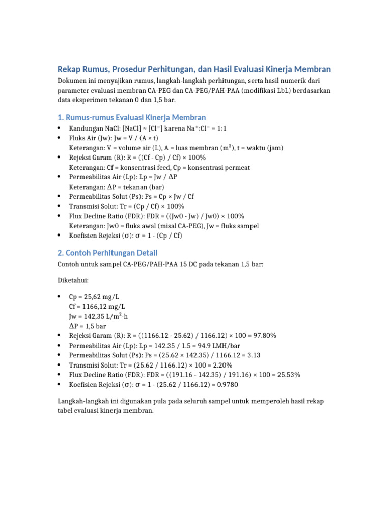 Rumus Dan Perhitungan Kinerja Membran Lengkap | PDF