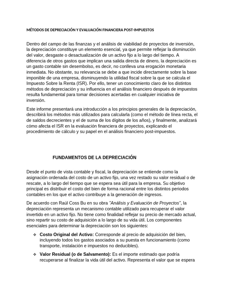 Métodos de Depreciación y Evaluación Financiera Post | PDF | Depreciación | Activo fijo