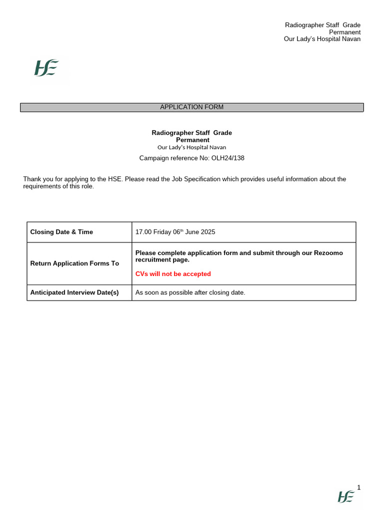 Radiographer Staff Grade Application Form | PDF | Employment