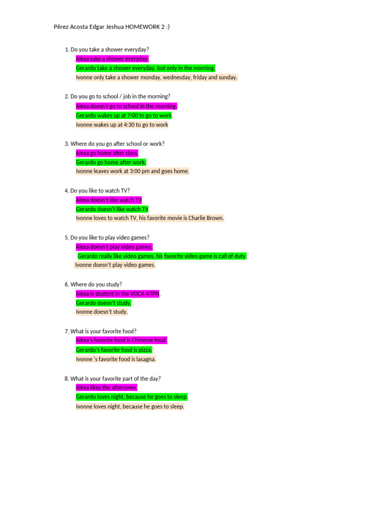 Daily Routines and Preferences Survey | PDF