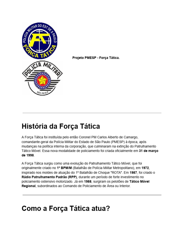 História e Atuação da Força Tática PMESP | PDF | Polícia