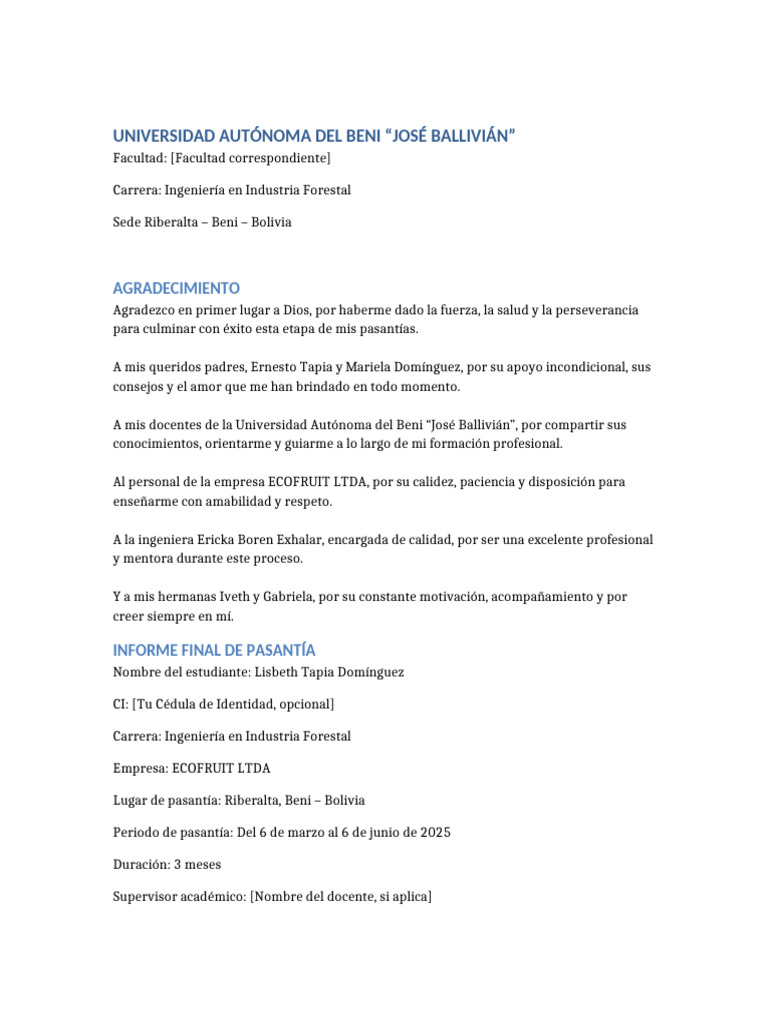 Informe Pasantia Lisbeth Tapia | PDF | Business | Agronegocios