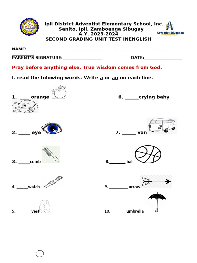 English Exam 2 Ipil District Adventist Elementary School | PDF