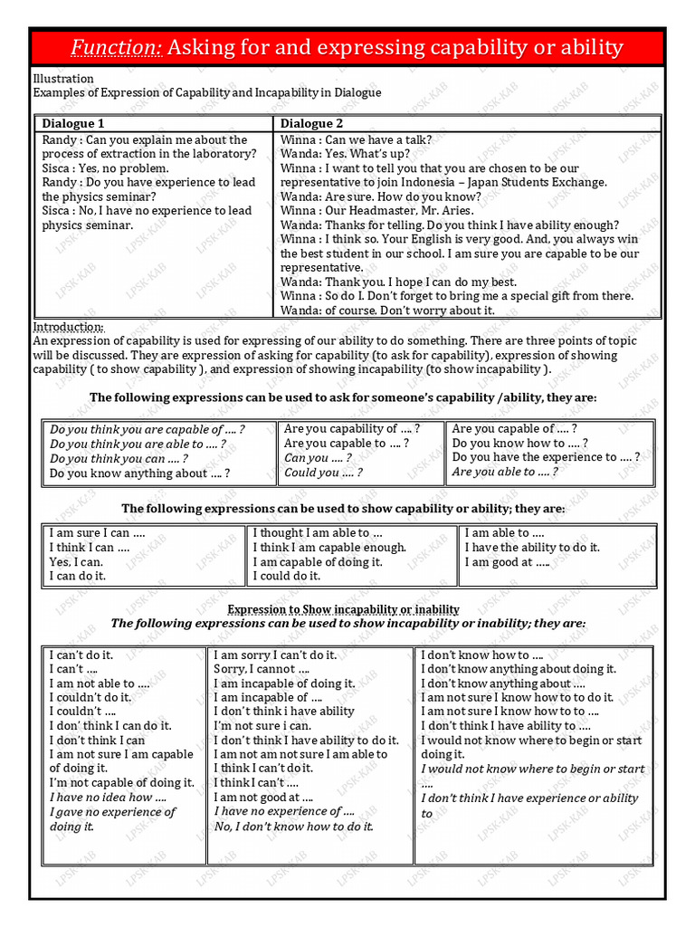 Asking For and Expressing Capability or Ability | PDF