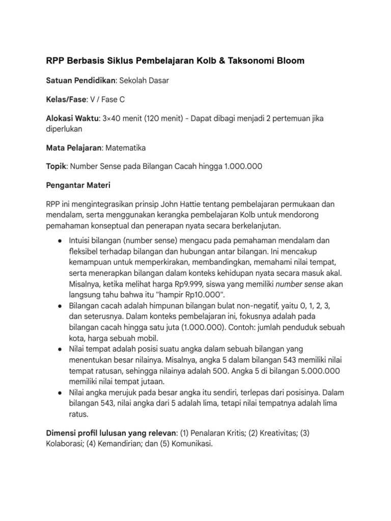 Eksperimen RPP Deep Learning - Berbasis Kolb & Taksonomi Bloom | PDF