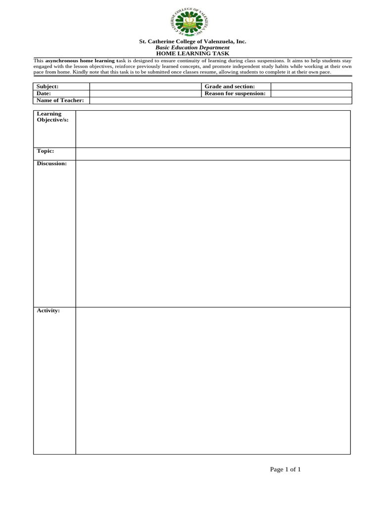 Home Learning Task Template | PDF