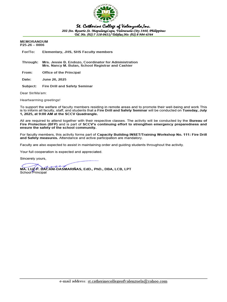 Memo No. 25 26 P0006 Fire Drill and Safety Seminar July 1 2025 | PDF