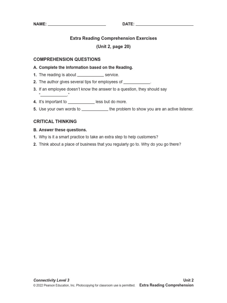 CTY3 Extra Reading Comprehension Unit 2 | PDF