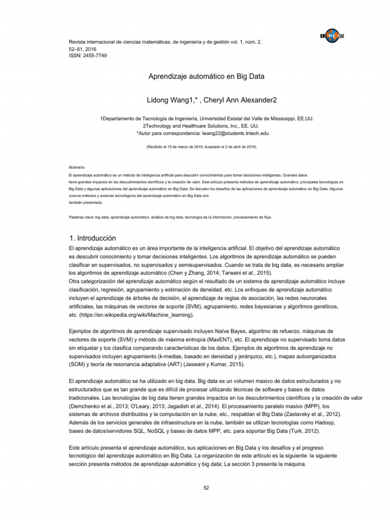 Machine Learning in Big Data | PDF | Aprendizaje automático | Big Data