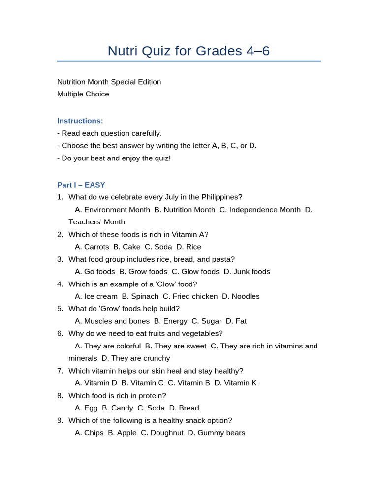 Nutri Quiz Questionare For Grades4to6 | PDF | Foods | Vitamin