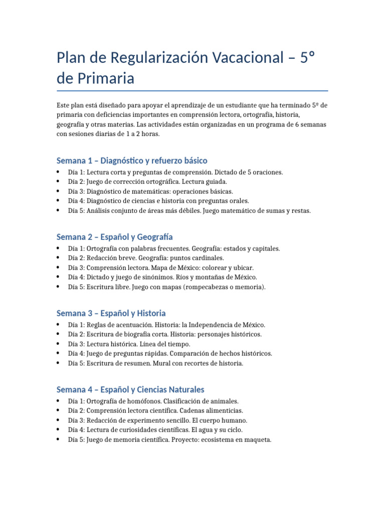Plan Regularizacion 5to Primaria | PDF