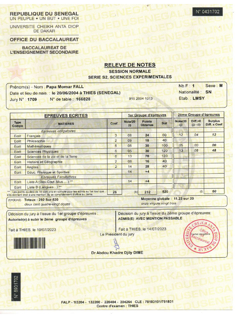 RelevÃ© de Notes Bac | PDF