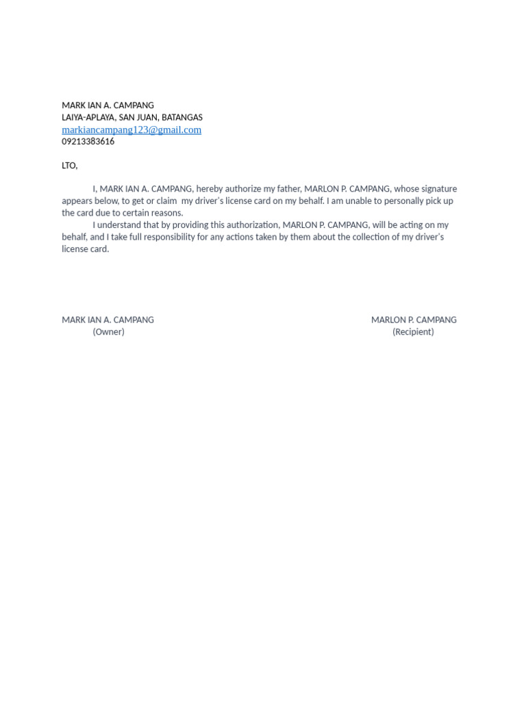 Authorization Letter for Driver's License | PDF
