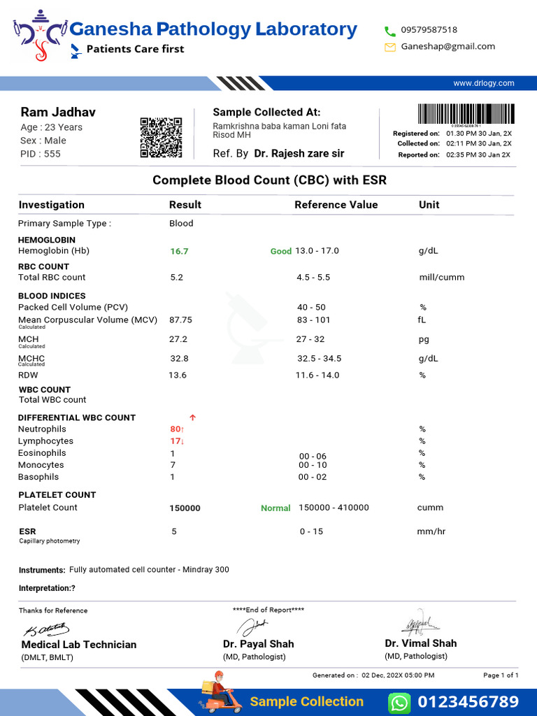 CBC and ESR Test Report Sample | PDF | White Blood Cell | Pathology