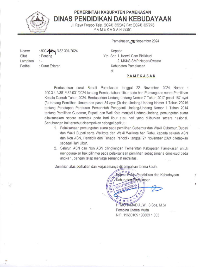 Edaran Libur Di Hari Pemungutan Suara | PDF