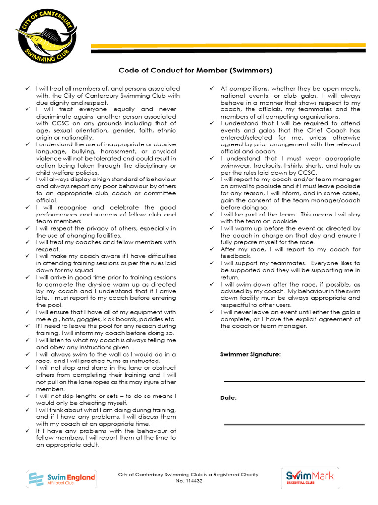 CCSC - 3) Code of Conduct For Swimmers (V1) | PDF | Gender Studies ...