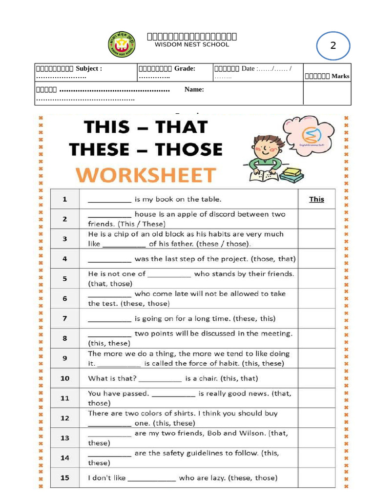 G9 - Worksheet - This That These Those | PDF