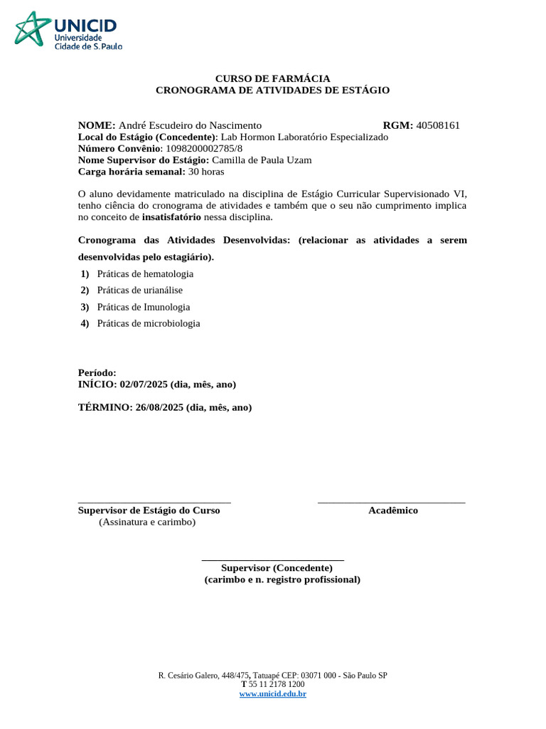 Documento - 3 (Cronograma de Atividades de Estágio) | PDF