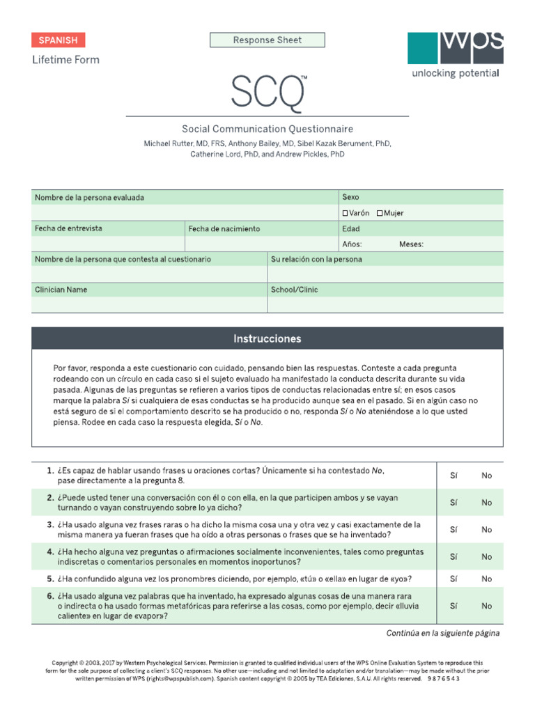 SCQ Lifetime SP Response Sheet | PDF