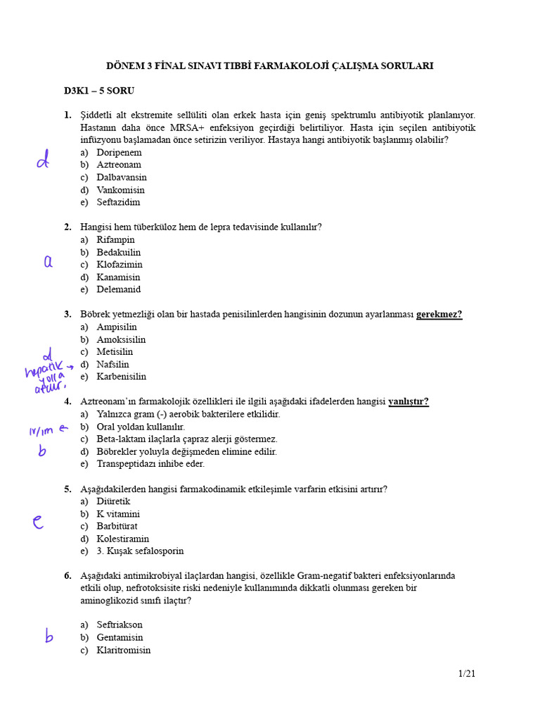 D3 Final Farmakoloji Calisma Sorulari-1 | PDF