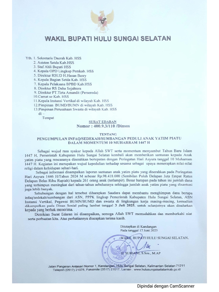 Surat Edaran Santunan Yatim Piatu 10 Muharram 1447 H | PDF