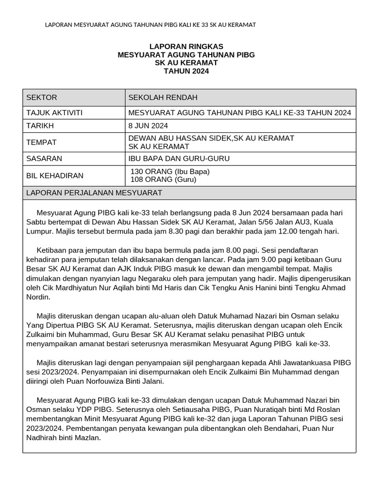 Laporan Ringkas Mesy Agung Pibg 2024 | PDF