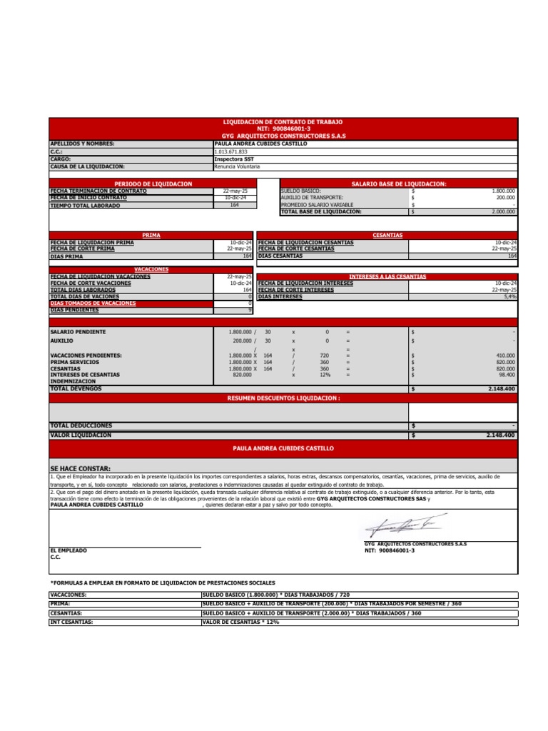 Liquidacion Paula Andrea Cubides | PDF | Salario | Las condiciones de ...