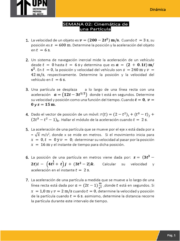 DINAMICA - S02 - HT - Cinemàtica de Una Partìcula | PDF | Aceleración | Velocidad