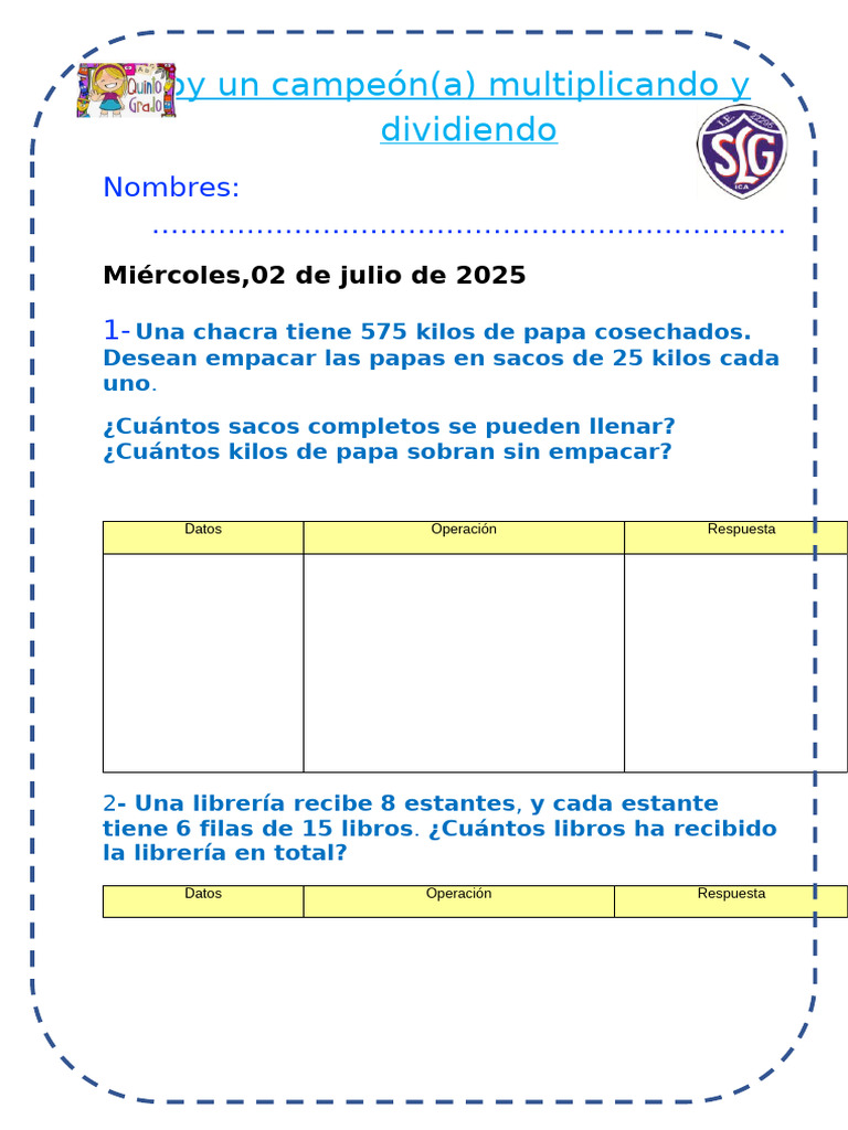 Prueba de Matematica de Problemas de Division y Multiplicacion | PDF