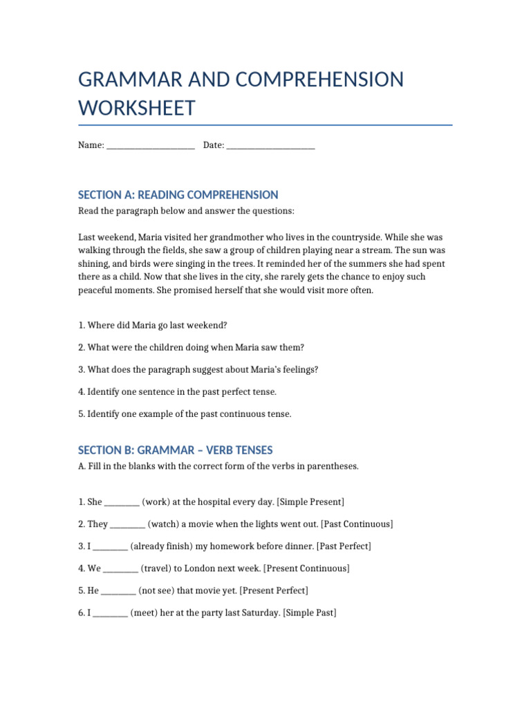 Grammar Comprehension Worksheet | PDF