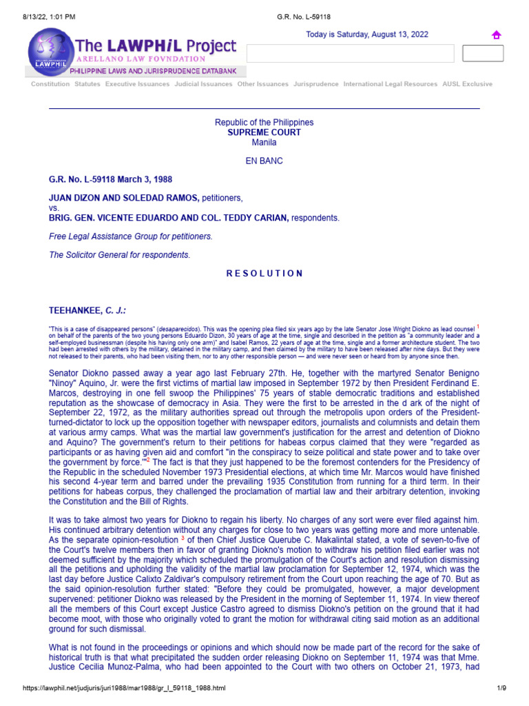 G.R. No. L-59118 Dizon vs. Eduardo (March 1988) | PDF | Burden Of Proof (Law) | Human Rights